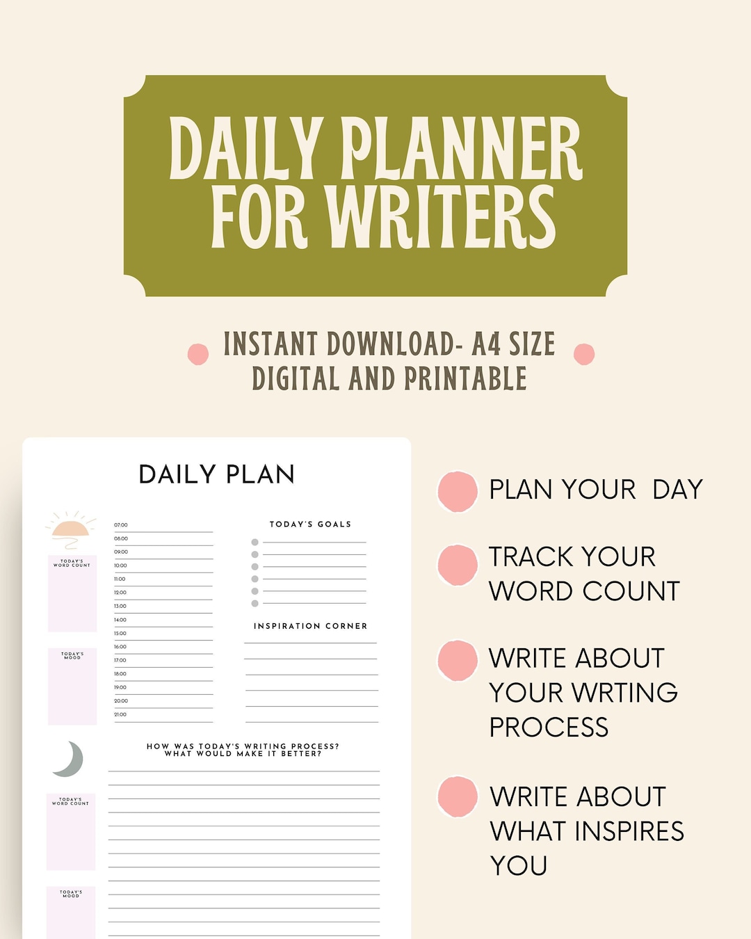 Writer's Daily Planner, Daily Planner for Writers, Printable Daily ...