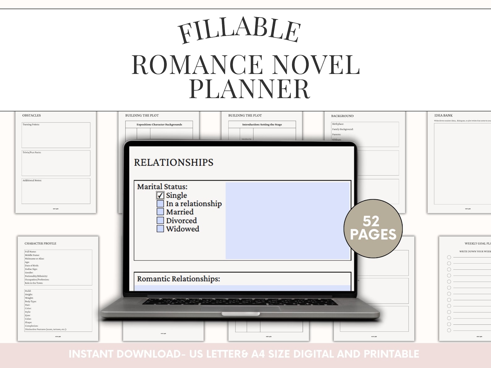Romance Novel Writing Planner, Author Book Planner for Novel Plotting ...