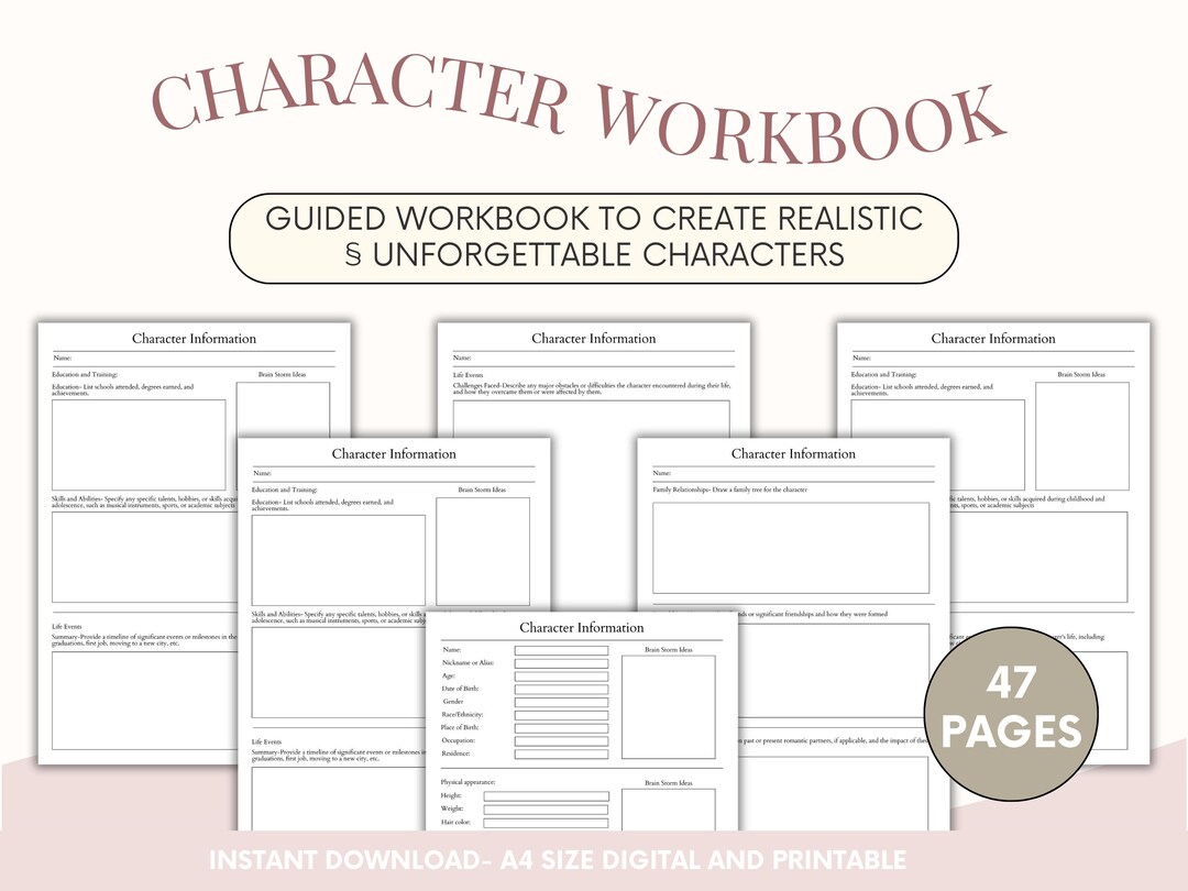 Novel Character Workbook: Character Design Worksheet (printable PDF) - Etsy