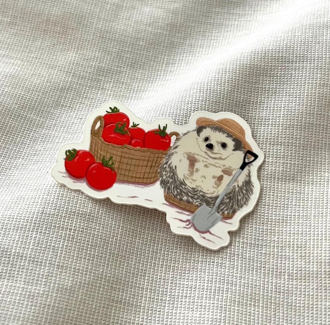 Cute Hedgehog Vinyl Sticker – Hedgehog With Straw Hat, Tomato Basket ...