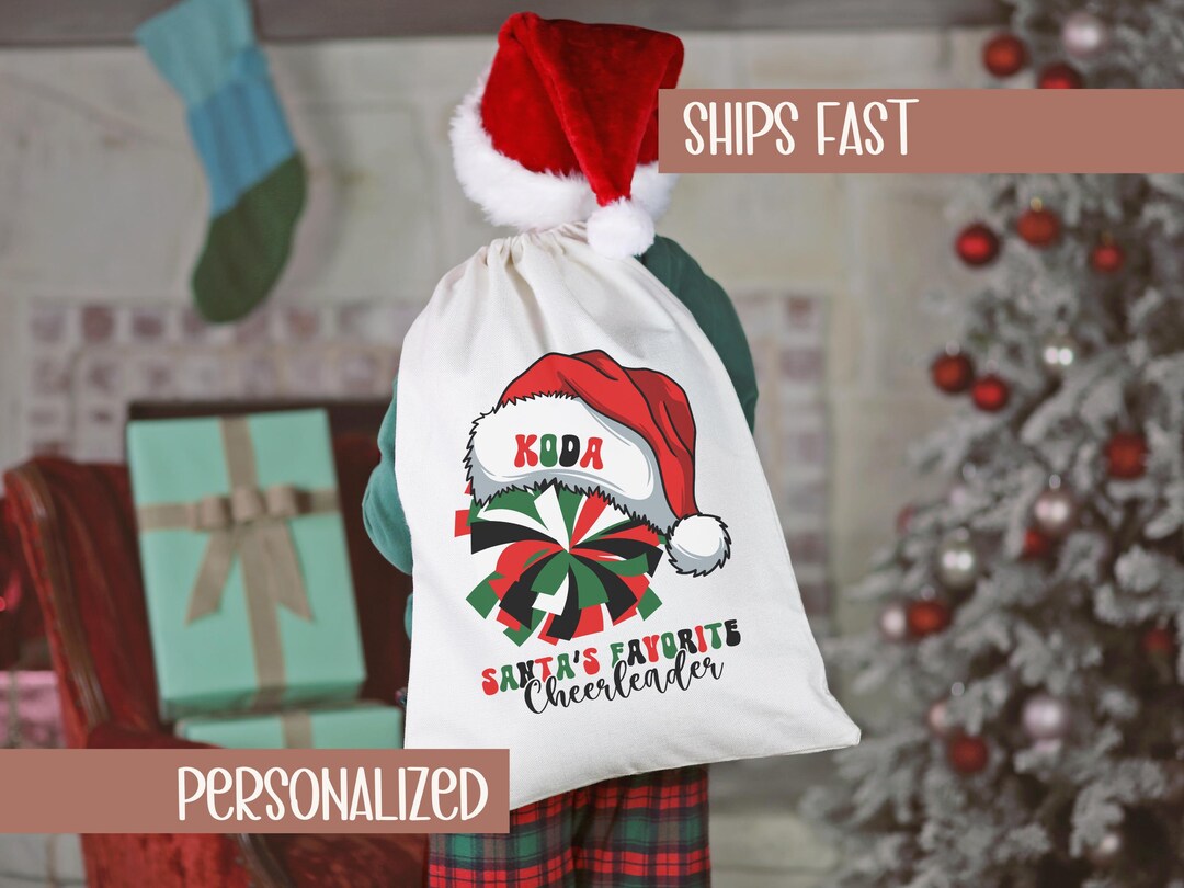 Cheerleader Santa Hat Gift Bag, Personalized Christmas Wrap, Drawstring ...