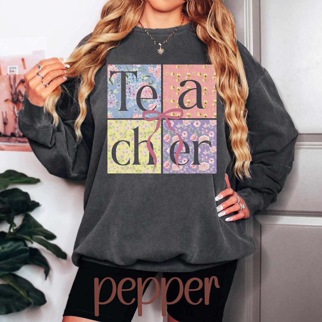 Personalized Teacher Comfort Colors® Floral Bow Sweatshirt, Light ...