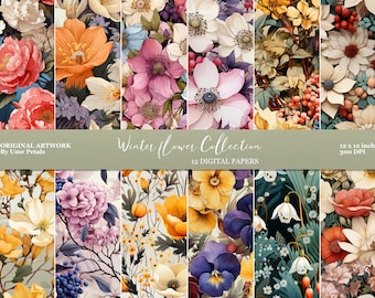 Winter Wildflowers Seamless Digital Papers, Snowy Wildflower Patterns ...