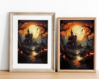 Haunted House Printable Wall Art, Halloween Wall Art Digital Print ...