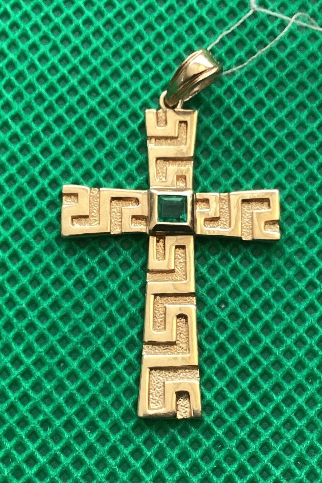 14K Gold and Emerald Cross With Greek Key/meander Design, Vintage 1980s ...