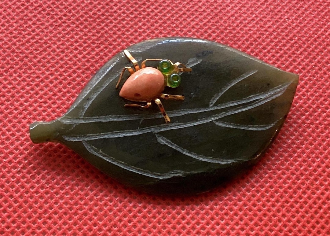 Hand-carved Nephrite Jade Leaf and Pink Coral Insect Brooch, Vintage ...