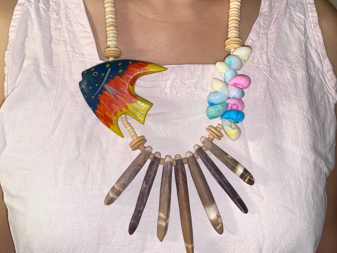 Sea Urchin Spines Necklace With Shells, Hand-painted Fish, Wooden Beads ...