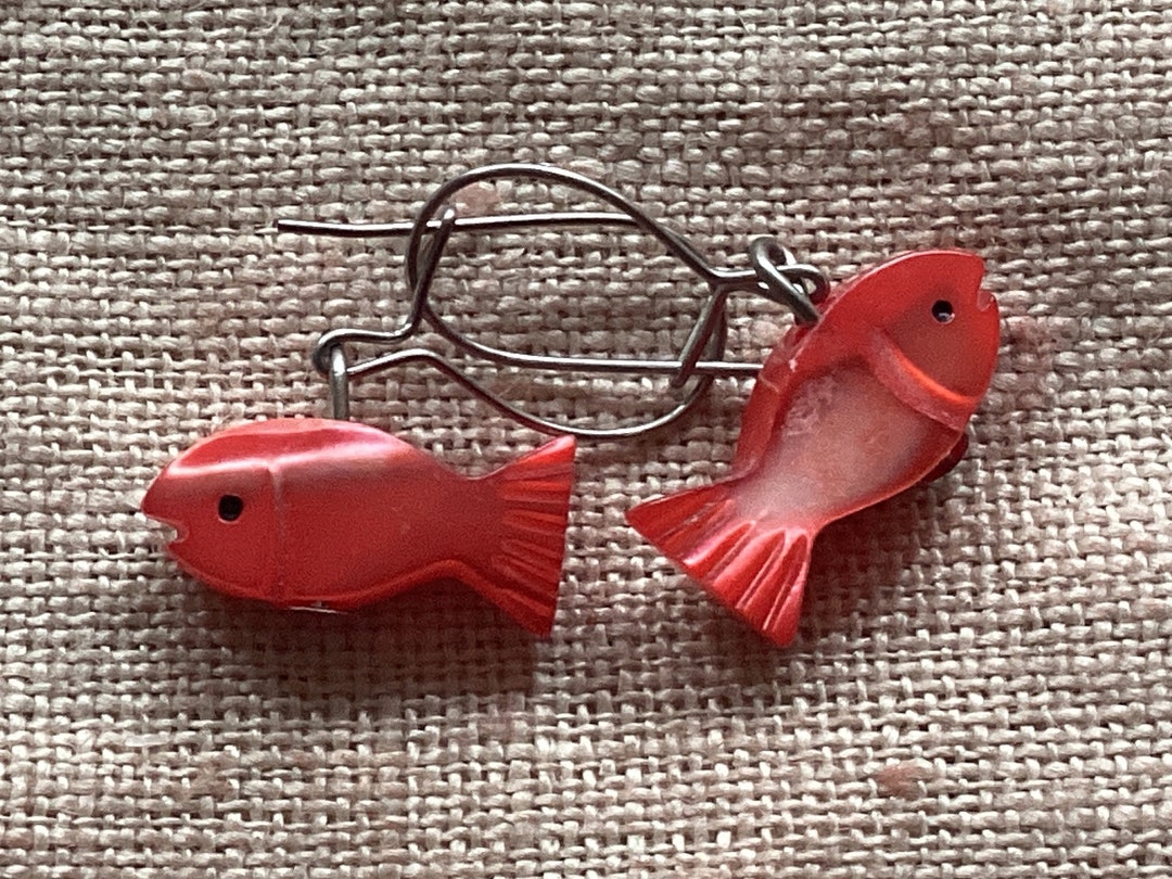 Cute Hand Carved Mother of Pearl Red Fish Charm Earrings, Vintage 1960s ...
