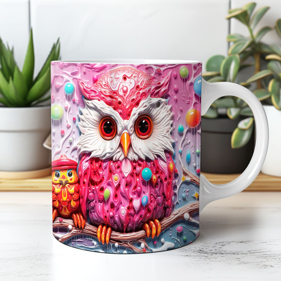 3D Owl Mug Bright Floral Mug Wrap 3D Owl Mug Design 3D - Etsy