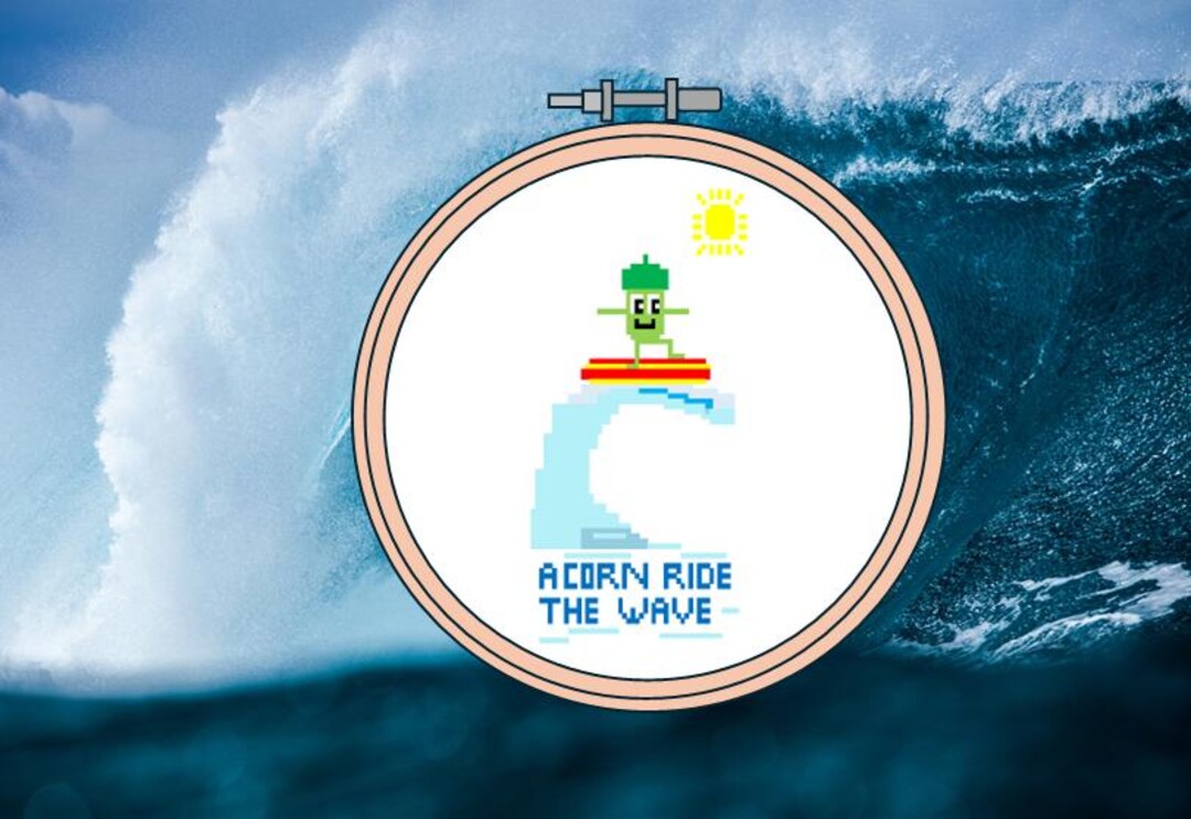 Positive Pun Cross Stitch Pattern. Smiley Faced Acorn, Surfboard, Wave ...