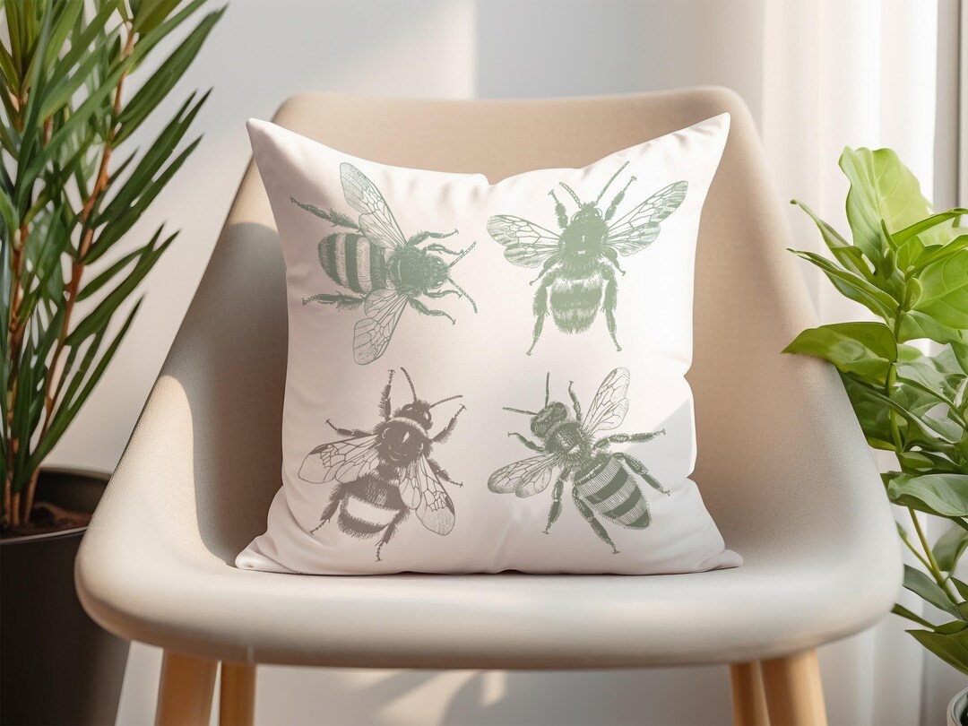 Muted Greens & Grey Dancing Bees Cushion. Shades of Green. Warm Grey ...