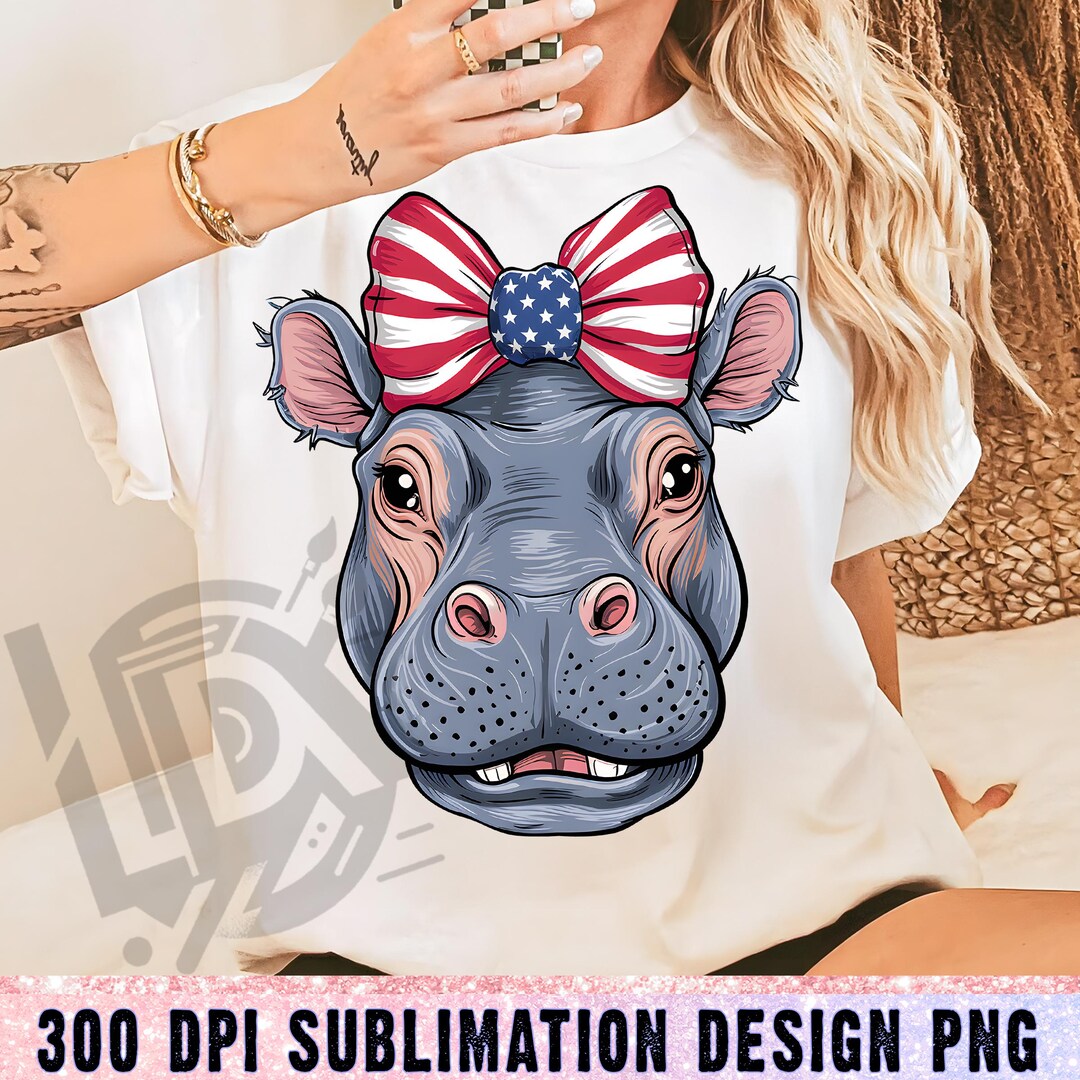 Hippopotamus Png, Sublimation Design, 4th of July Png, Kids 4th of July ...