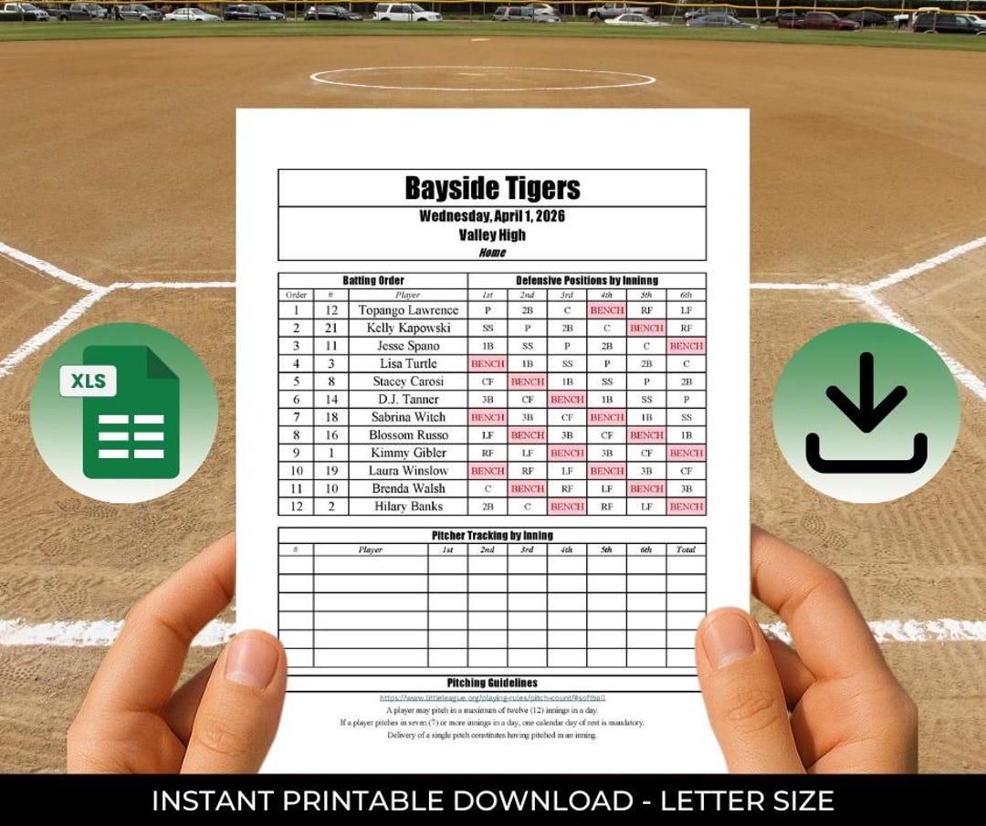 Softball Dugout Sheet Excel Template | Little League Lineup & Position ...