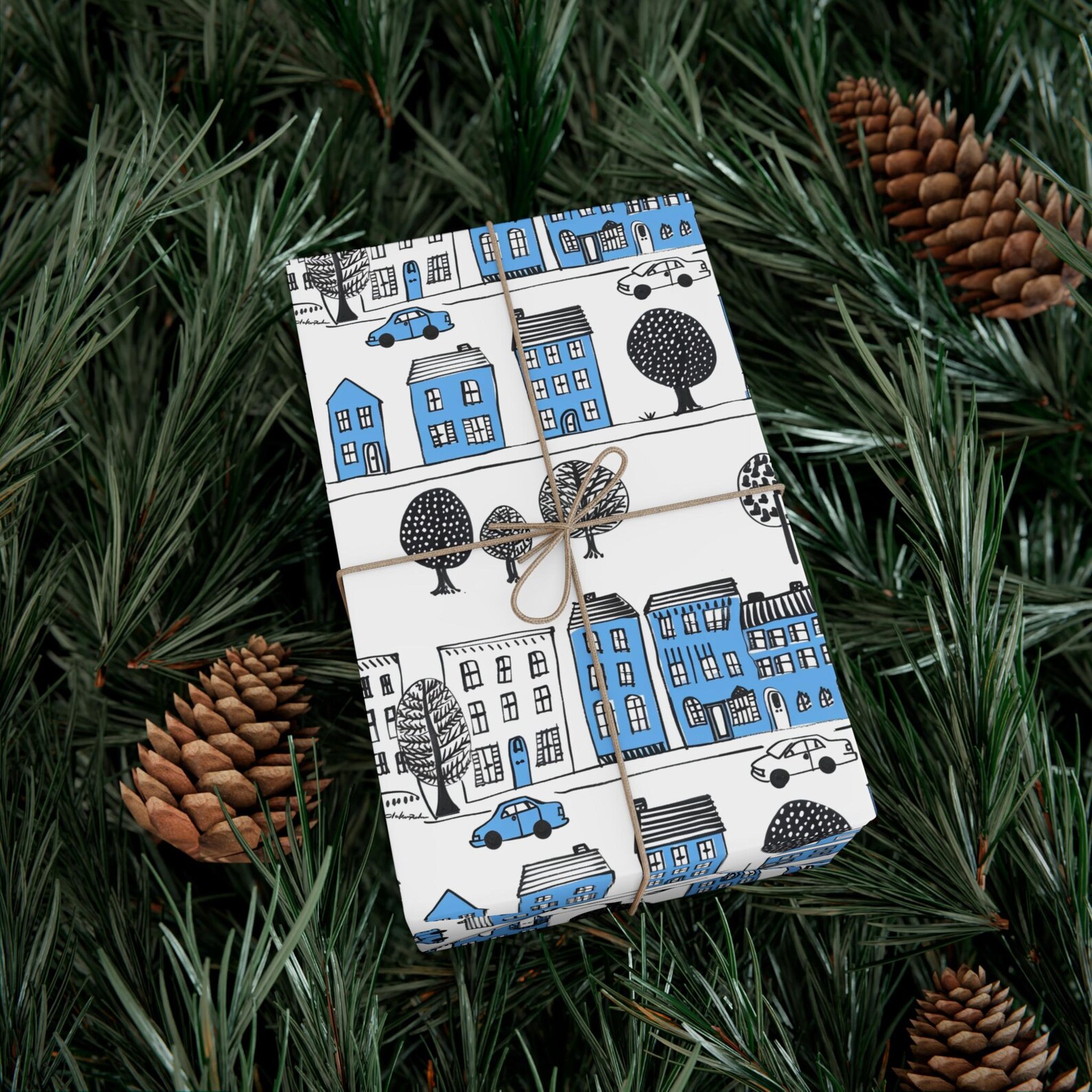 Charming Blue Houses Wrapping Paper Urban Cityscape Design for ...