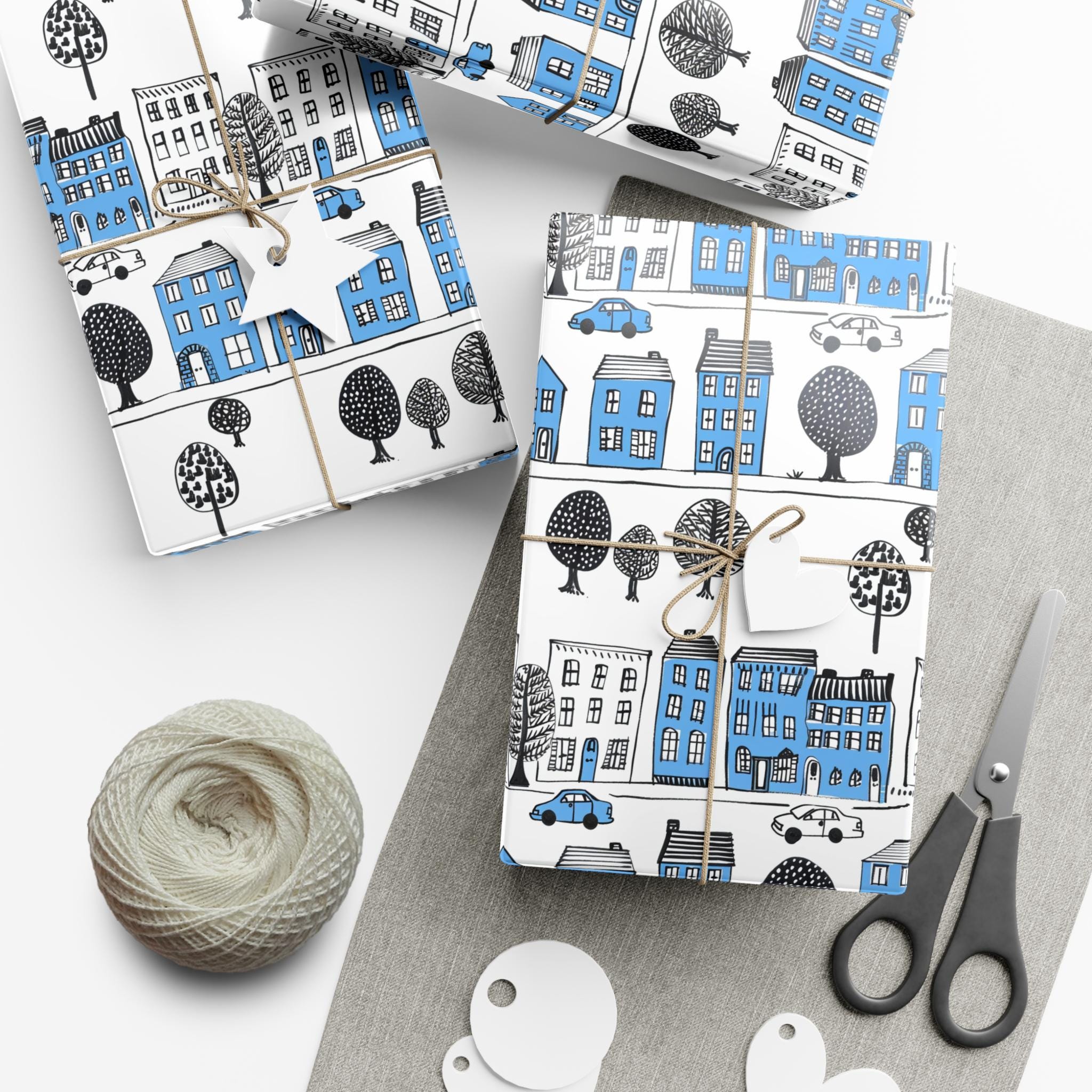 Charming Blue Houses Wrapping Paper Urban Cityscape Design for ...