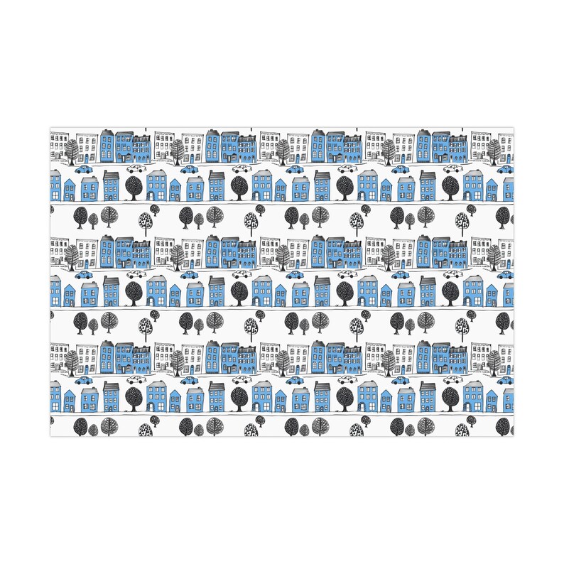 Charming Blue Houses Wrapping Paper Urban Cityscape Design for ...