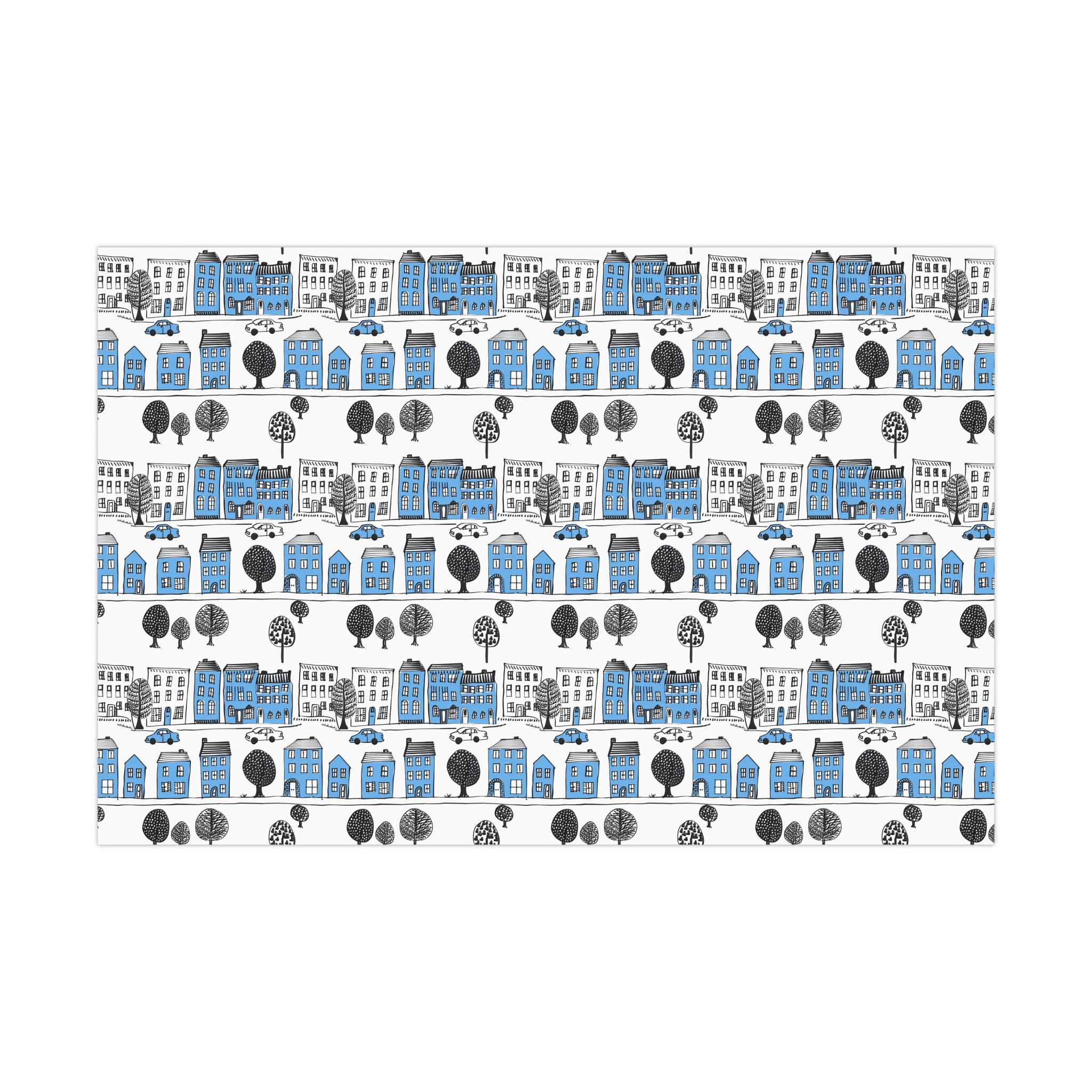 Charming Blue Houses Wrapping Paper Urban Cityscape Design for ...