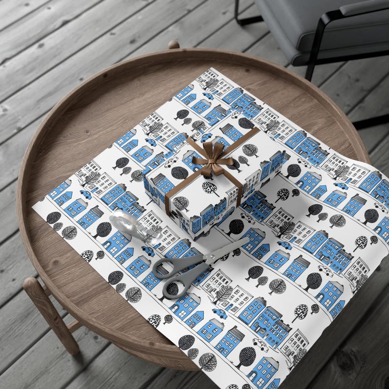 Charming Blue Houses Wrapping Paper Urban Cityscape Design for ...