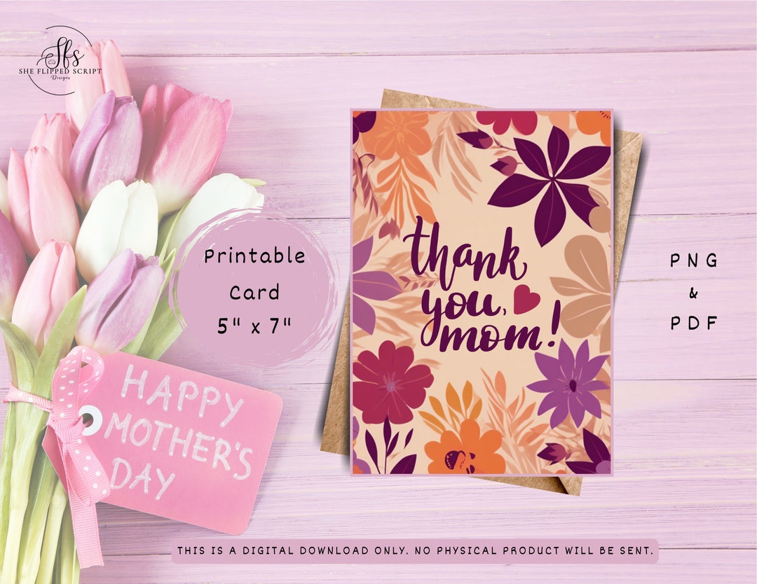 Thank You Mom Mother's Day Printable Card, Blank Inside, 5x7 Digital ...