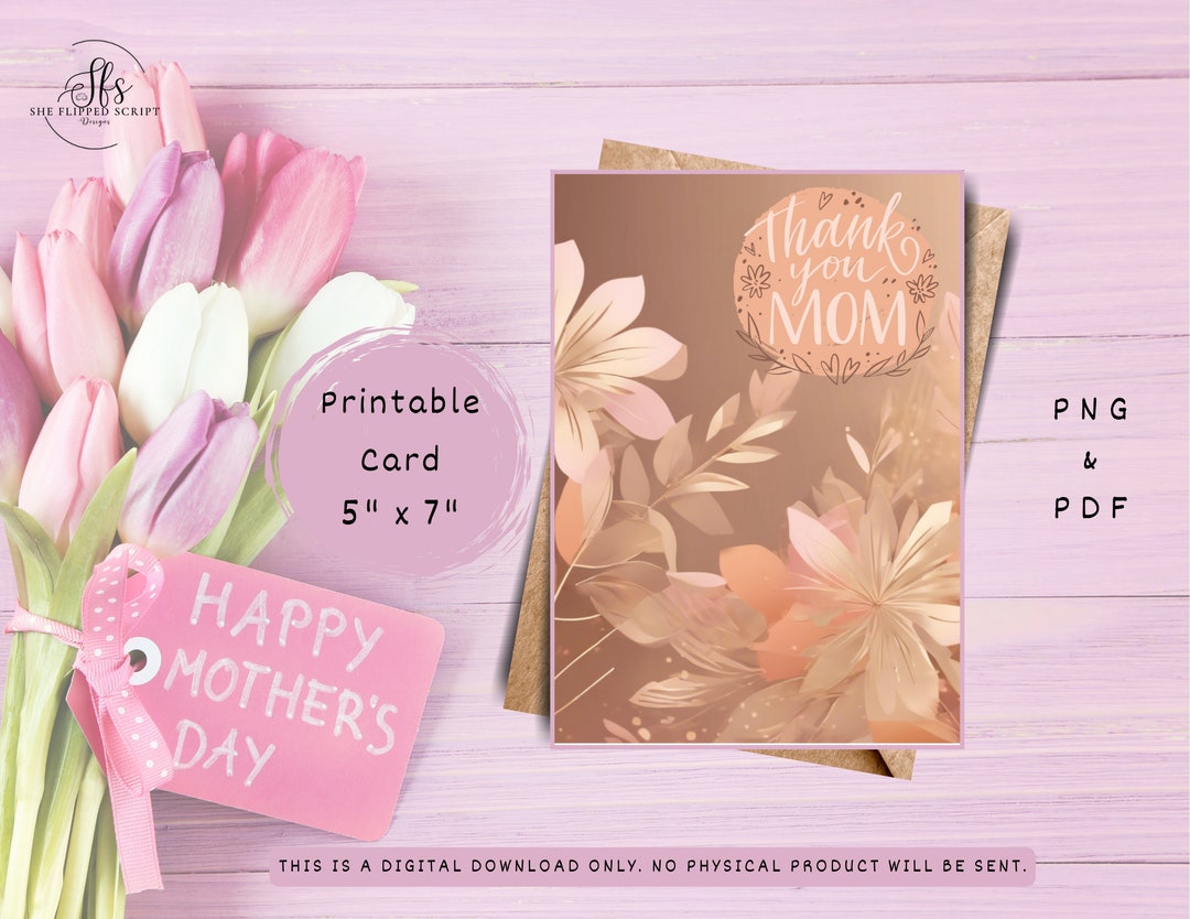 Thank You Mom Mother's Day Printable Card, Blank Inside, 5x7 Digital ...