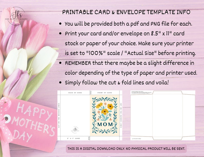 Thank You Mom Mother's Day Printable Card, Blank Inside, 5x7 Digital ...