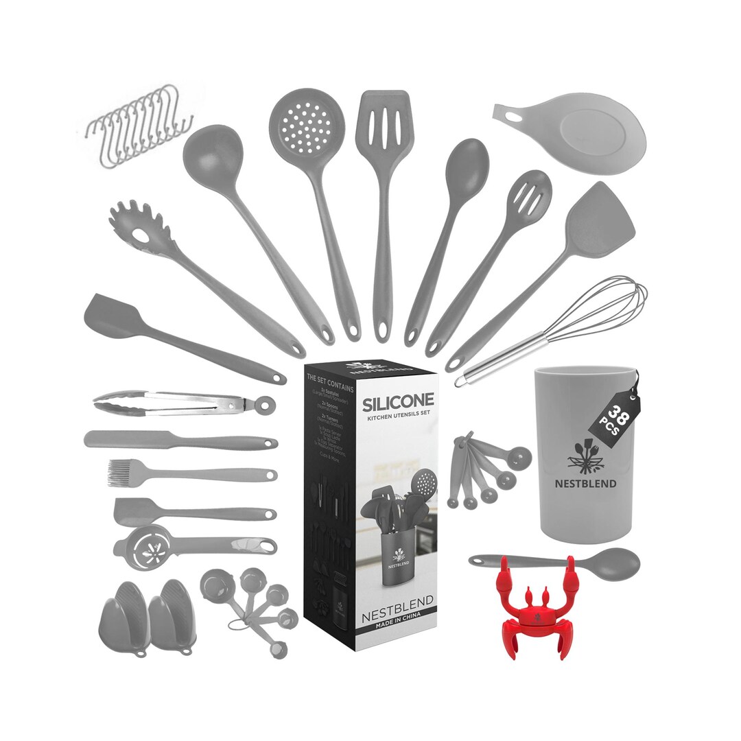 Nestblend Nonstick Grey Kitchen Utensils Set - 38 Pieces, Kitchen ...