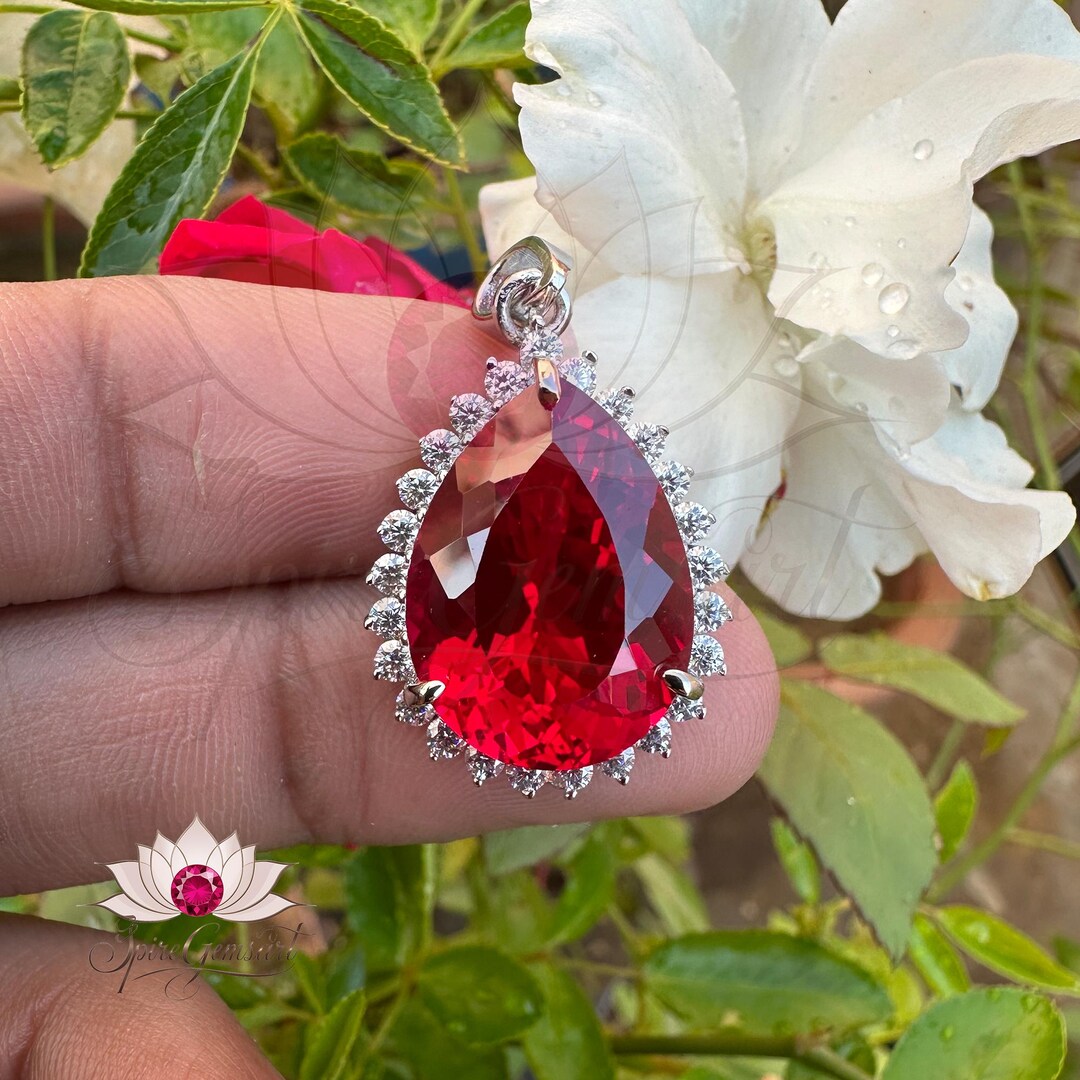 Natural Red Ruby 43 CT Pear Cut Halo Silver Pendant 925 Sterling Silver Gemstone Pendant ...