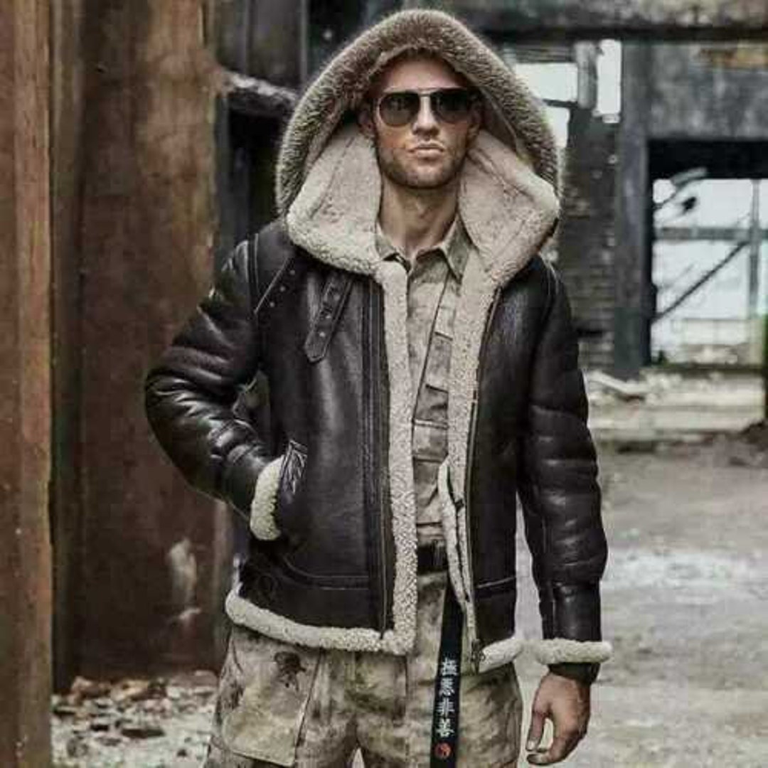 Men's RAF B3 Bomber Flight Aviator Shearling Sheep Skin Leather Jacket ...