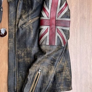Men's Motorcycle Vintage Racer Union Jack Lambskin Leather Distressed ...