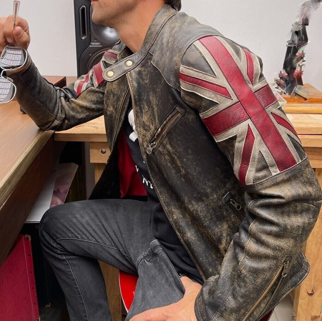 Men's Motorcycle Vintage Racer Union Jack Lambskin Leather Distressed ...