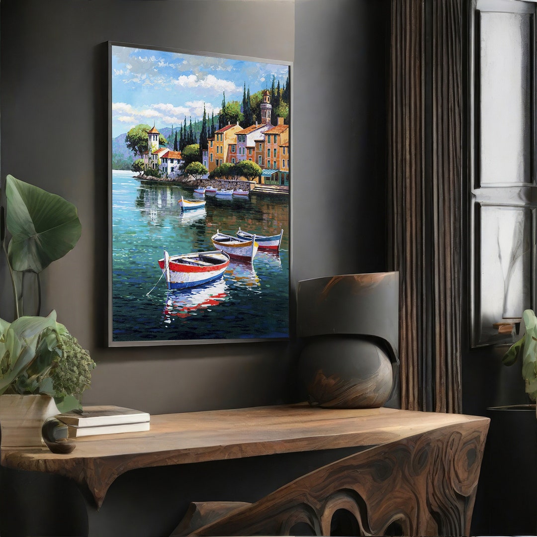 Charming Seaside Village Canvas Painting, Ideal for Coastal Home Decor ...