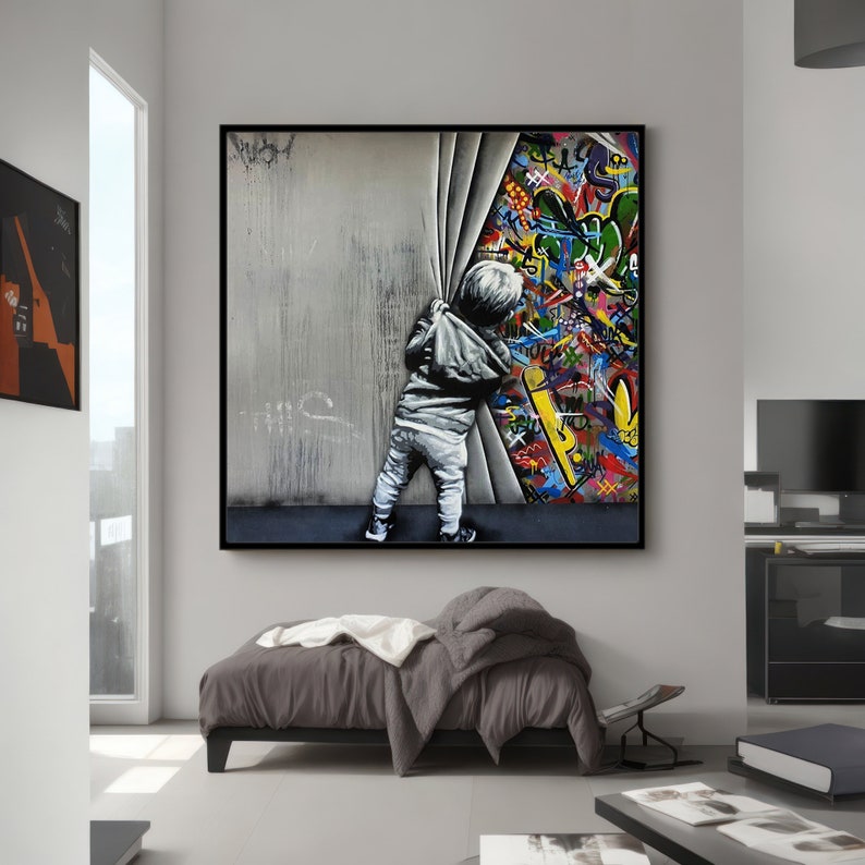 Graffiti-style Child Peeking Behind Curtain Canvas Painting - Unique ...