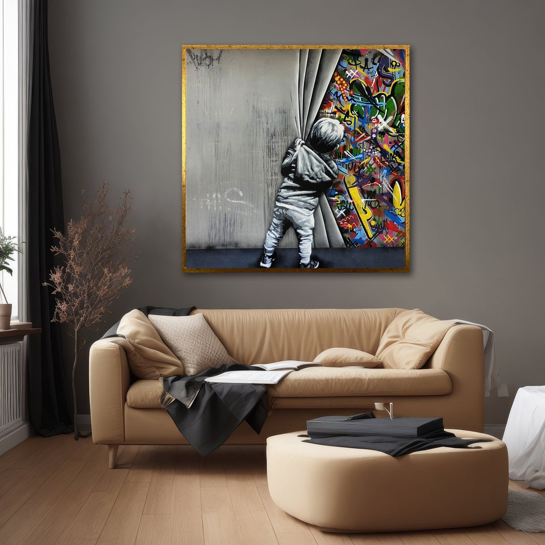 Graffiti-style Child Peeking Behind Curtain Canvas Painting - Unique ...