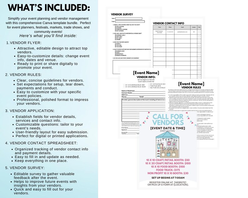 Editable Vendor Bundle for Events Flyer, Application, Rules, Contact ...