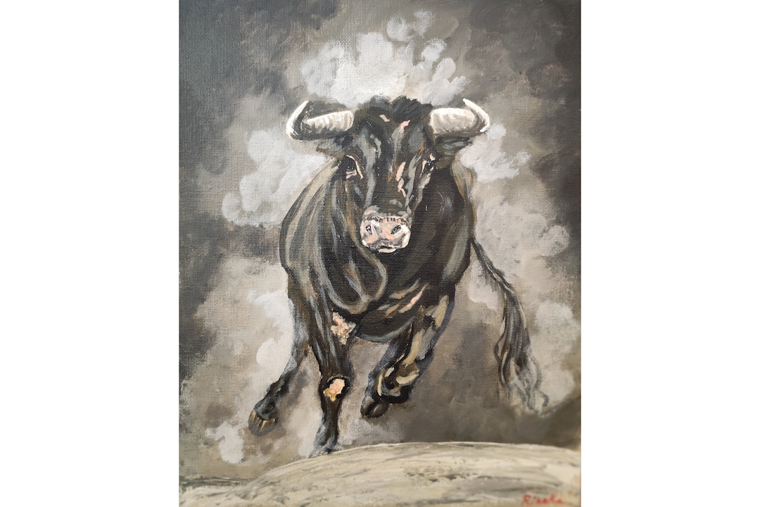 Running Bull Frame Painting Original Animal Art Hand Painted by ...