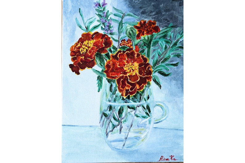 Ramo de caléndula en jarrón, bodegón floral, pintura original con marco ...