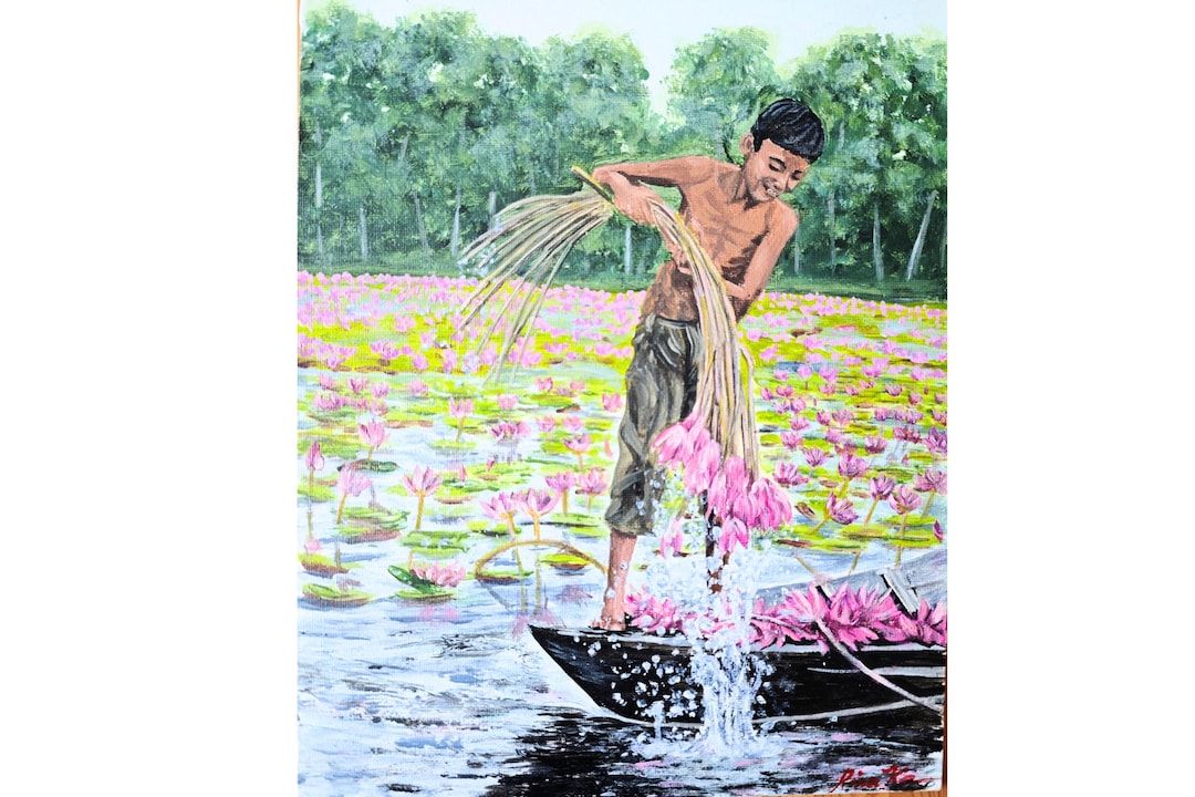 Boy in Boat Picking Lotus Flowers Original Acrylic Asian Inspired Art ...