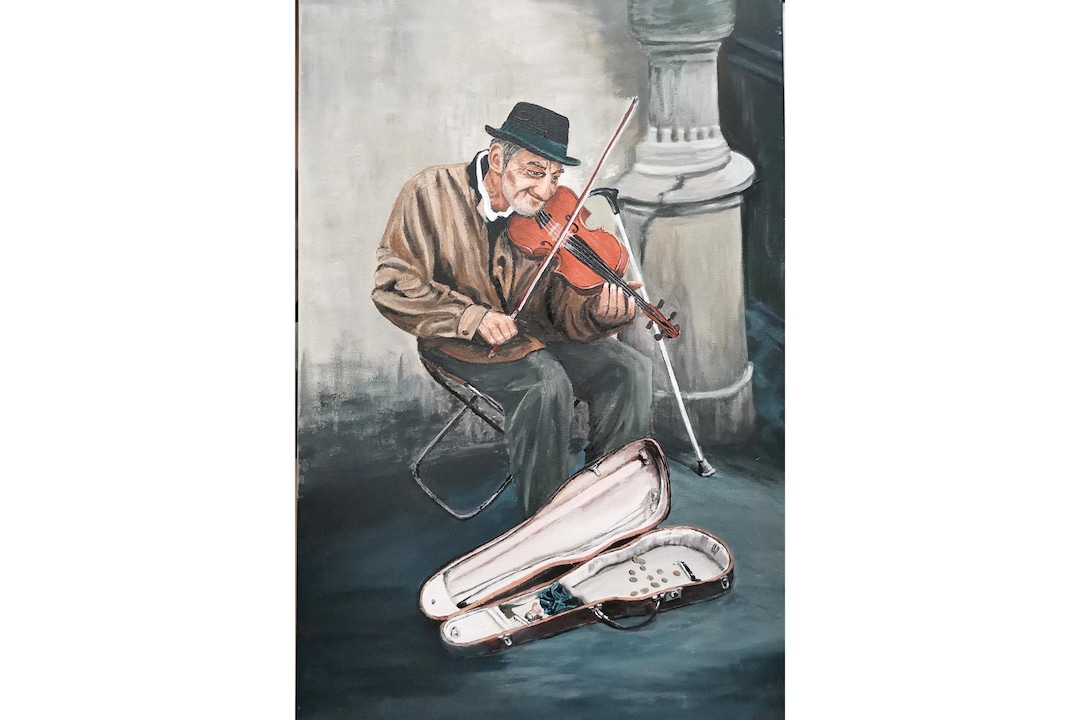 Street Musician Old Fiddler Original Art Painting on Canvas by ...
