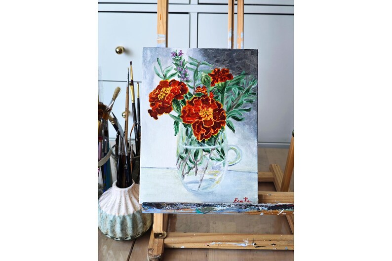Ramo de caléndula en jarrón, bodegón floral, pintura original con marco ...