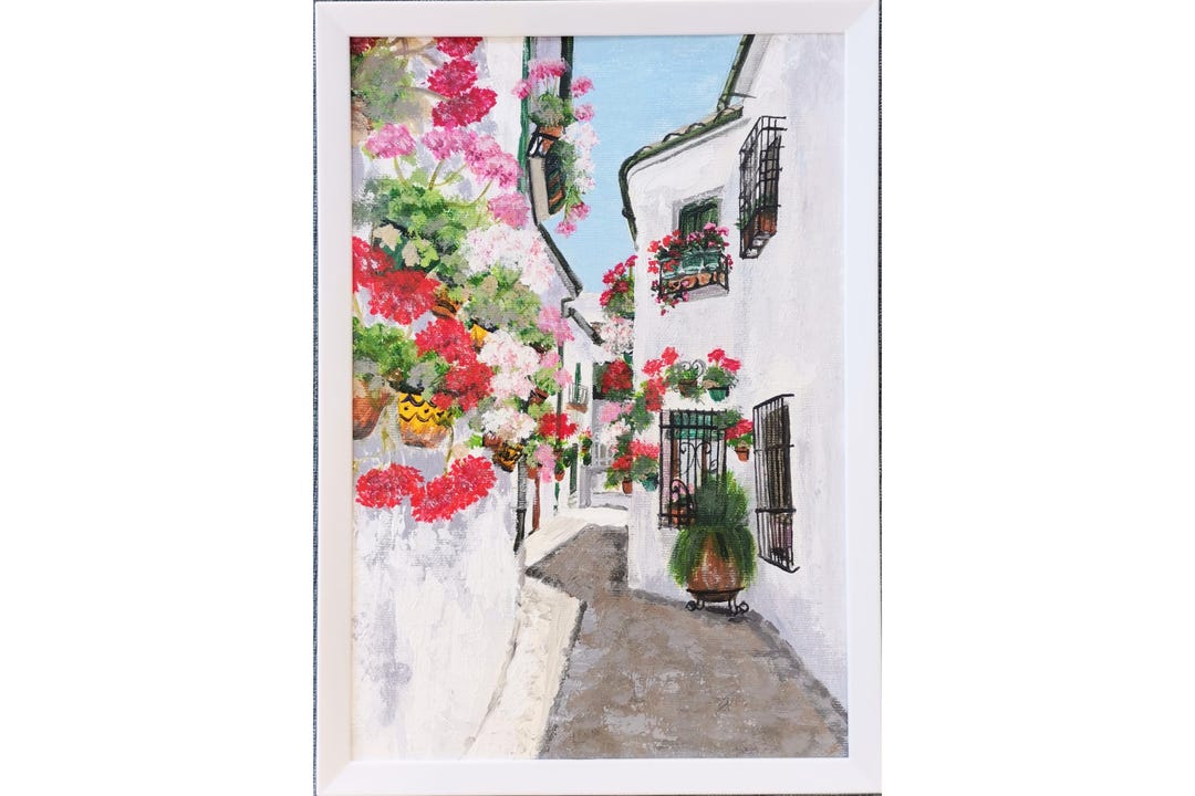 Spanish Town Geranium Street Original Framed Wall Art Cityscape by ...