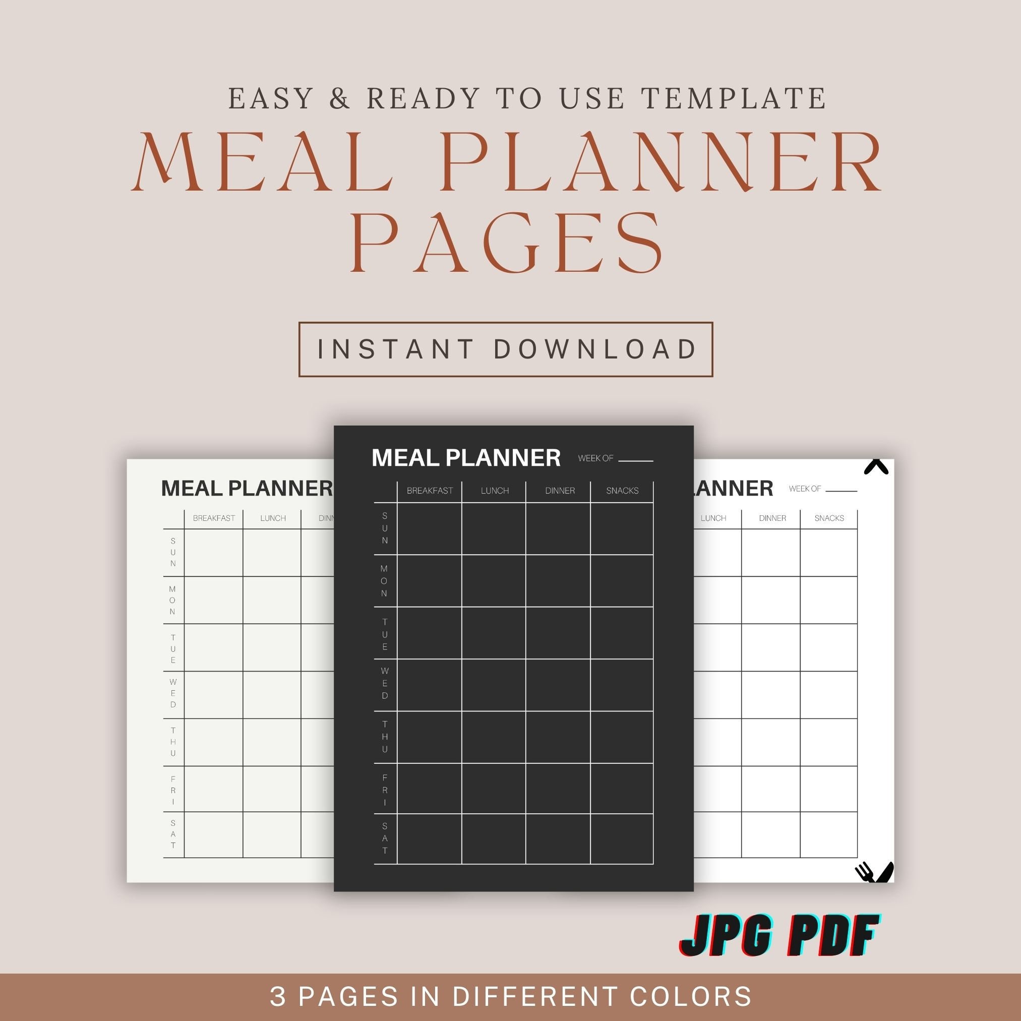 Printable Meal Planner PDF Worksheet JPG Zip different Colors Meal Plan ...
