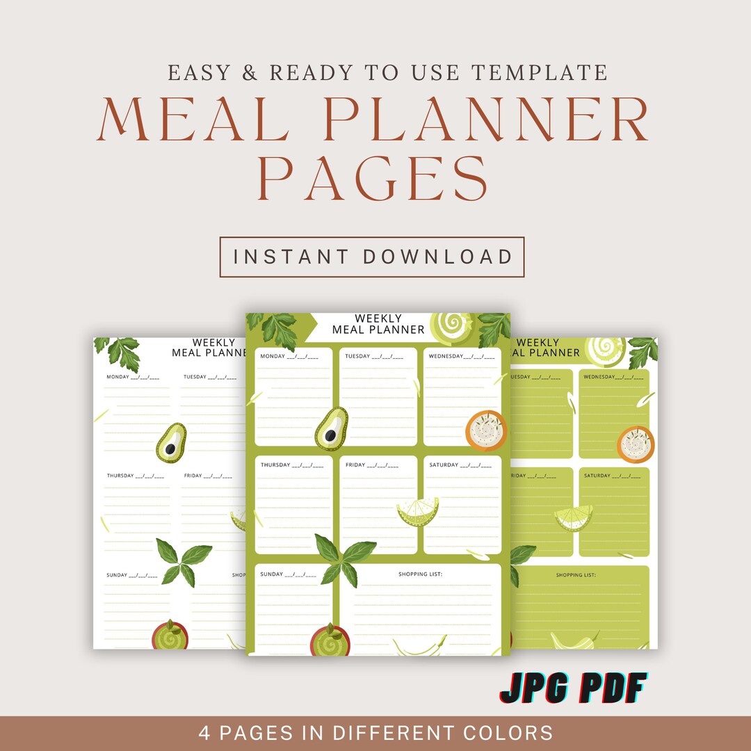Printable Meal Planner |PDF Worksheet | JPG Zip |different Colors Meal ...