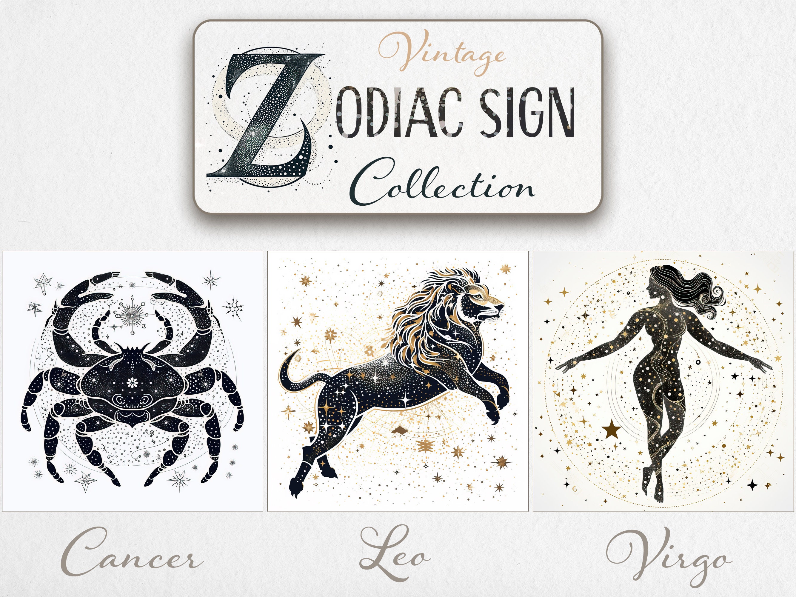 Vintage Zodiac Sign Clipart Collection, Horoscope PNG, Retro Zodiac ...