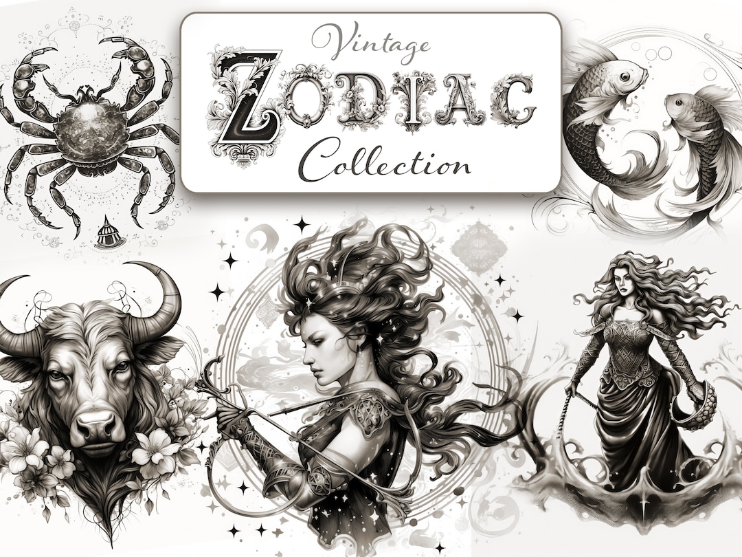 Vintage Zodiac Sign Clipart Collection, Horoscope PNG, Retro Zodiac ...