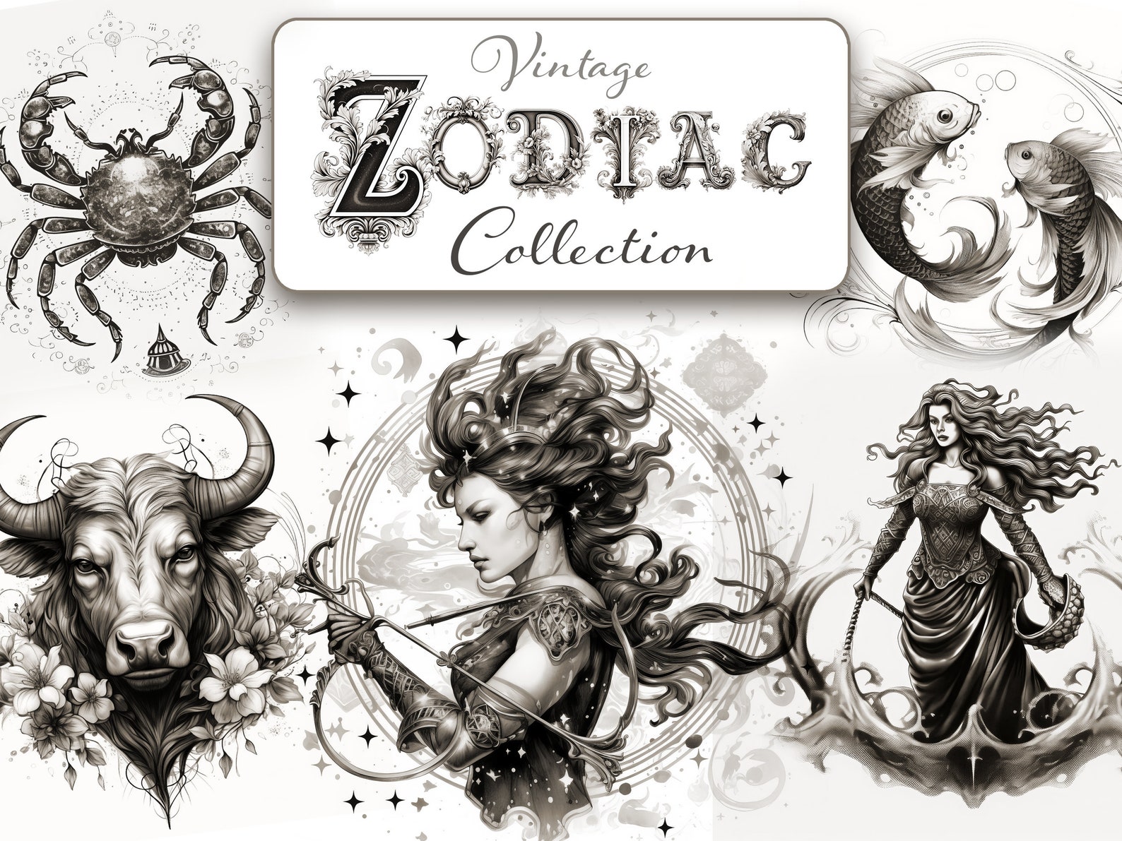 Vintage Zodiac Sign Clipart Collection, Horoscope PNG, Retro Zodiac ...