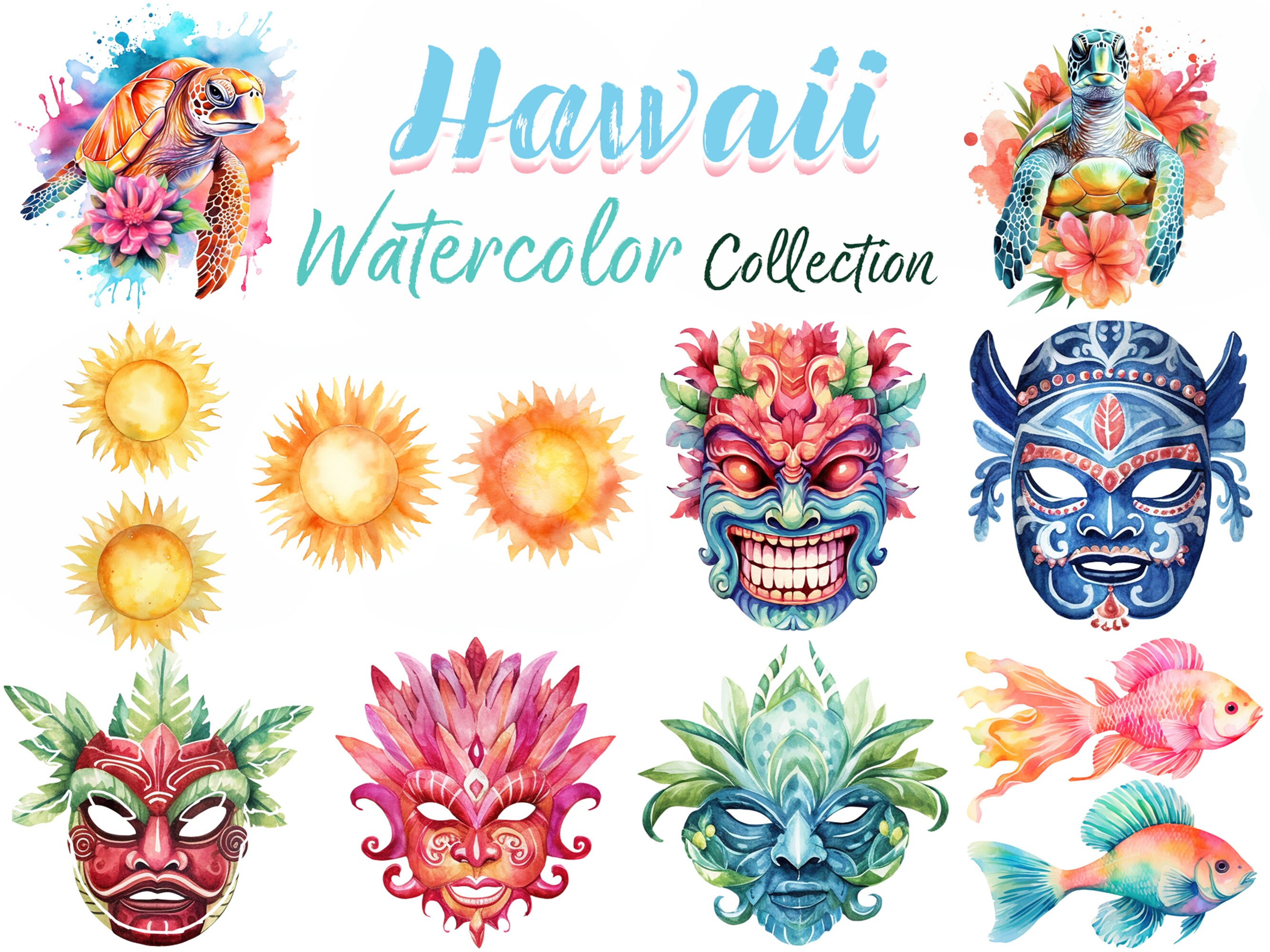 Tropical Tiki Luau Clipart Collection, Watercolor Hawaiian Clipart ...