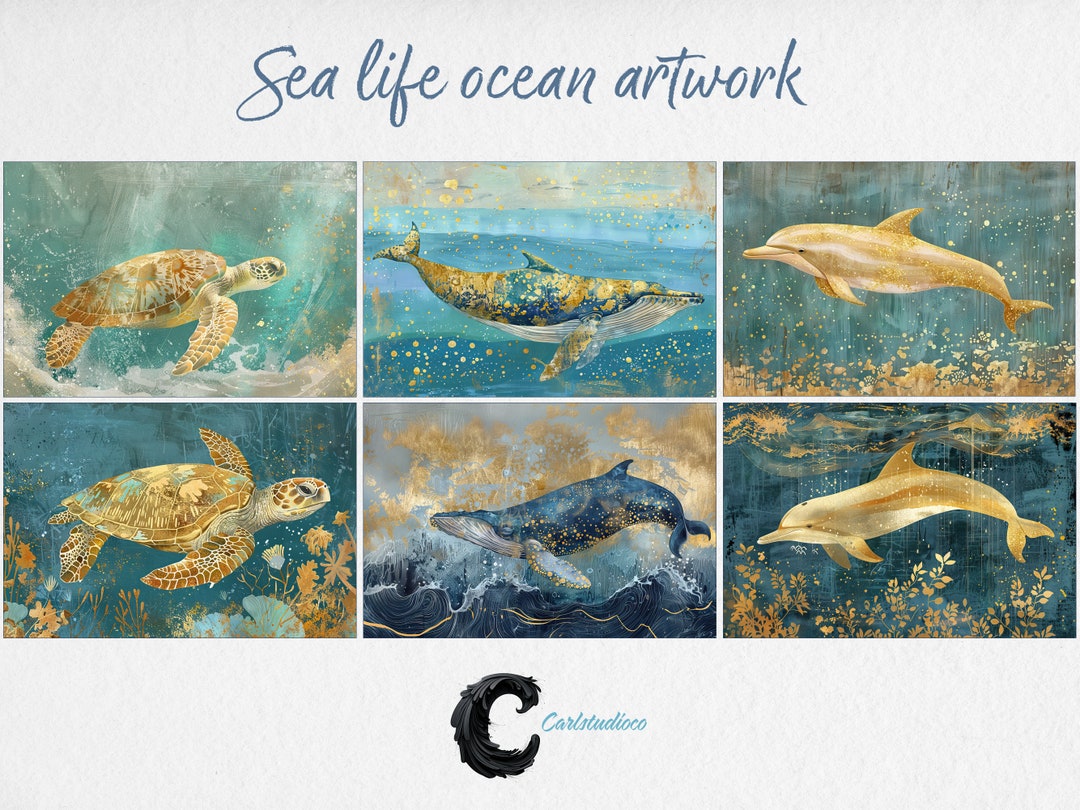 Abstract Sea Life Ocean Artwork, Set of 6 Ocean Art, Sea Turtle ...