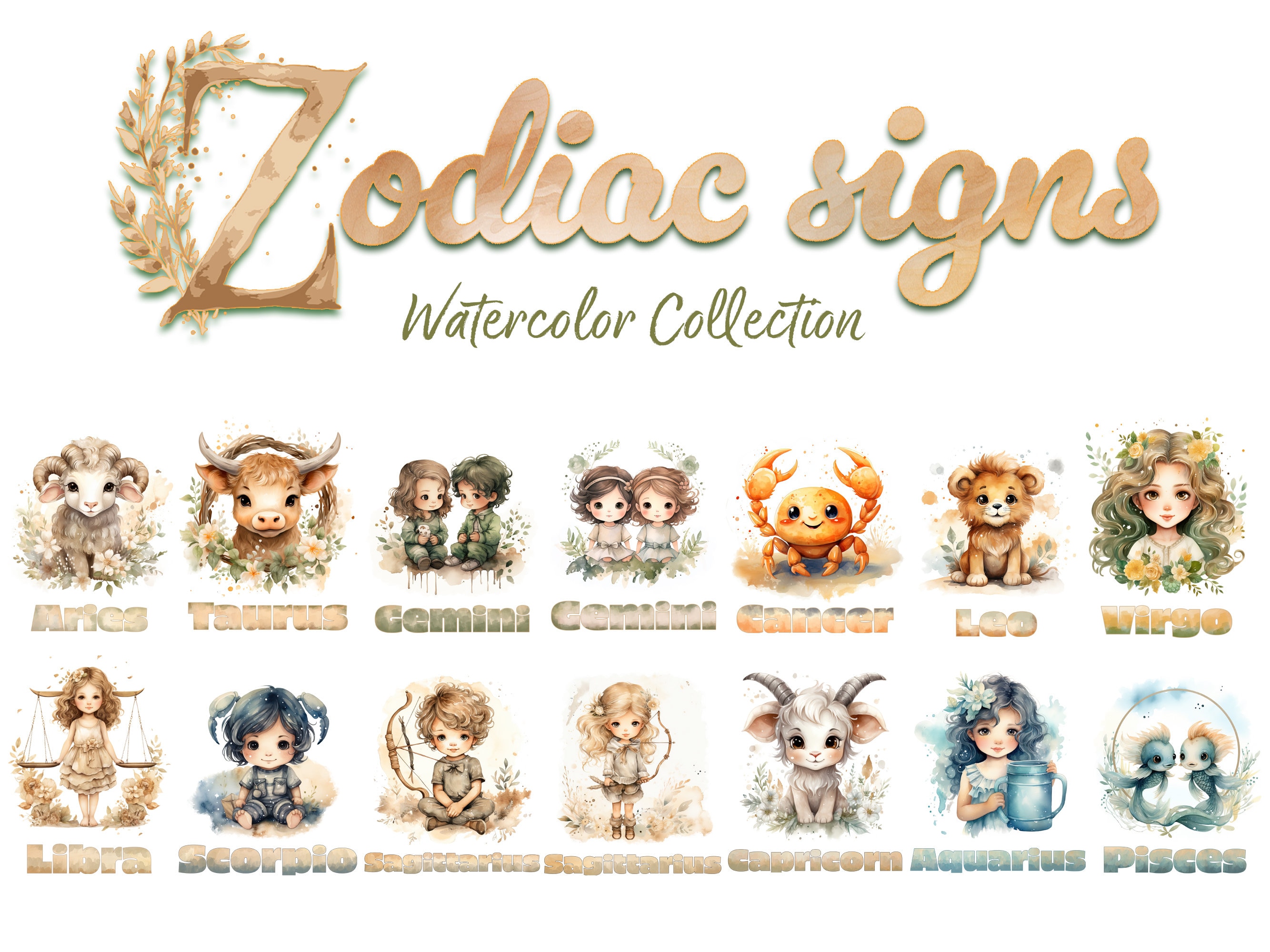 Zodiac Baby Clipart, Zodiac Signs Watercolor Png, Cute Kids Horoscope ...
