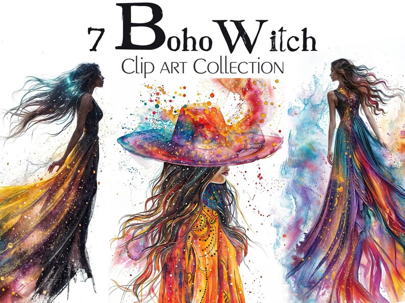 7 Boho Witch Clipart Collection, Boho Witch Bundle, Halloween Witch ...