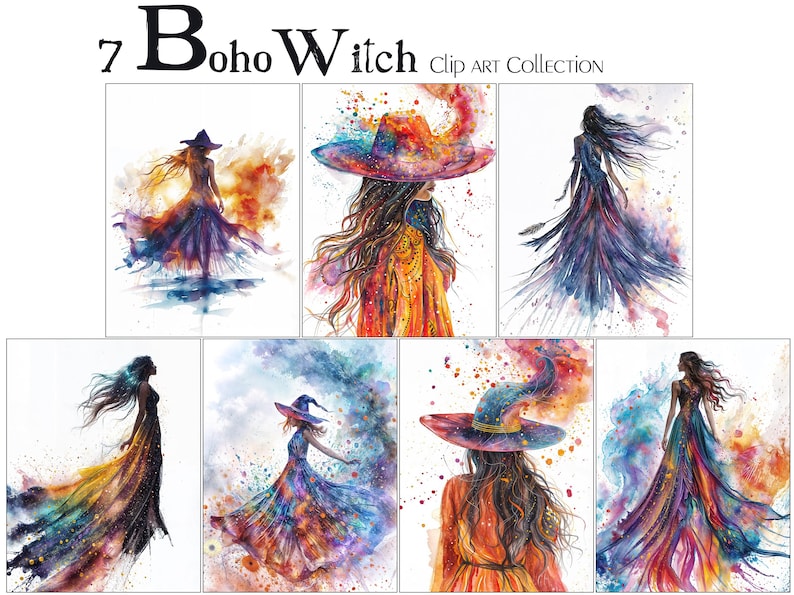 7 Boho Witch Clipart Collection, Boho Witch Bundle, Halloween Witch ...